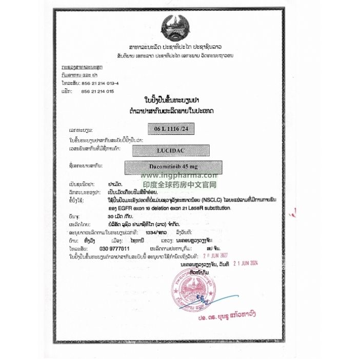 【达可替尼,达克替尼,多泽润,Dacomitinib,VIZIMPRO,LuciDac（老挝卫生部批准上市）】说明书_代购价格_印度直邮-印度全球药房